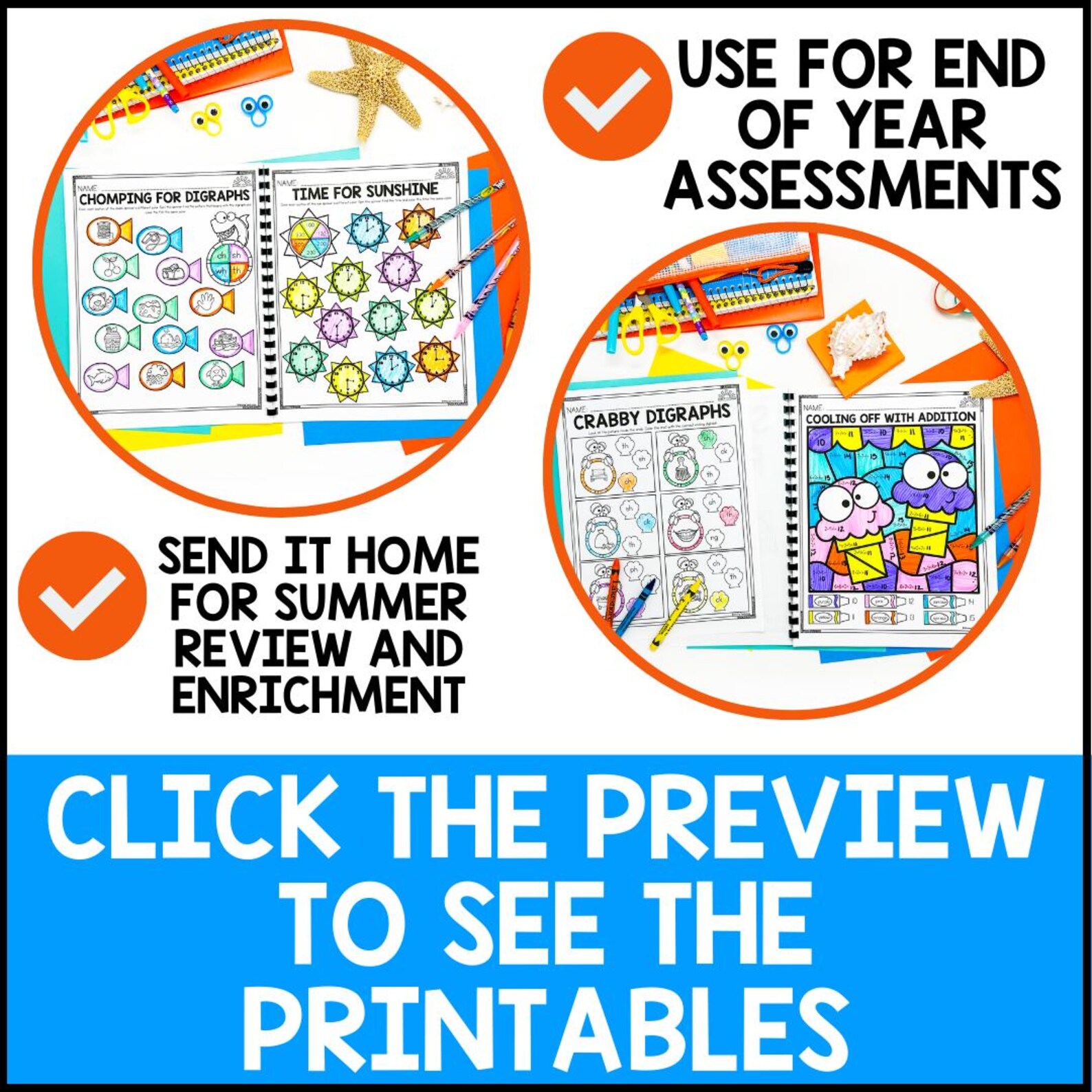 First Grade End of Year No Prep Review Packets, Summer-themed ...