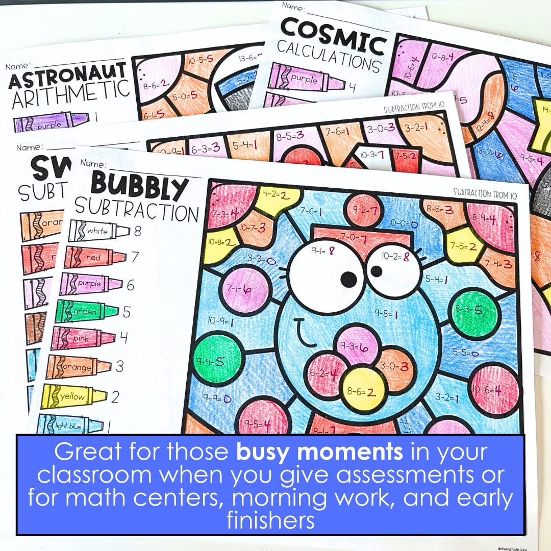 Subtraction Color by Number Worksheets | Fun Math Facts Practice - Etsy
