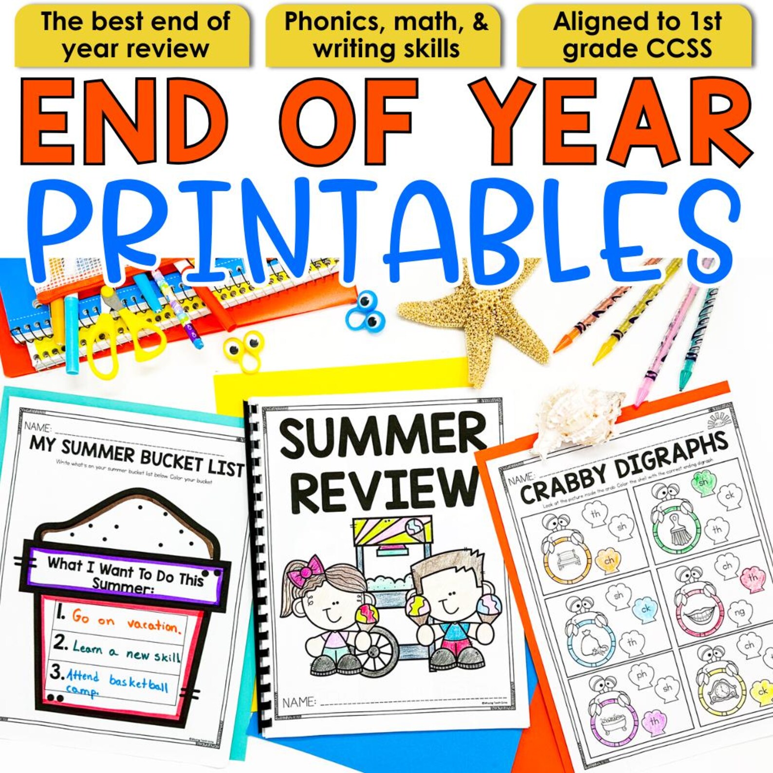 First Grade End of Year No Prep Review Packets, Summer-themed ...