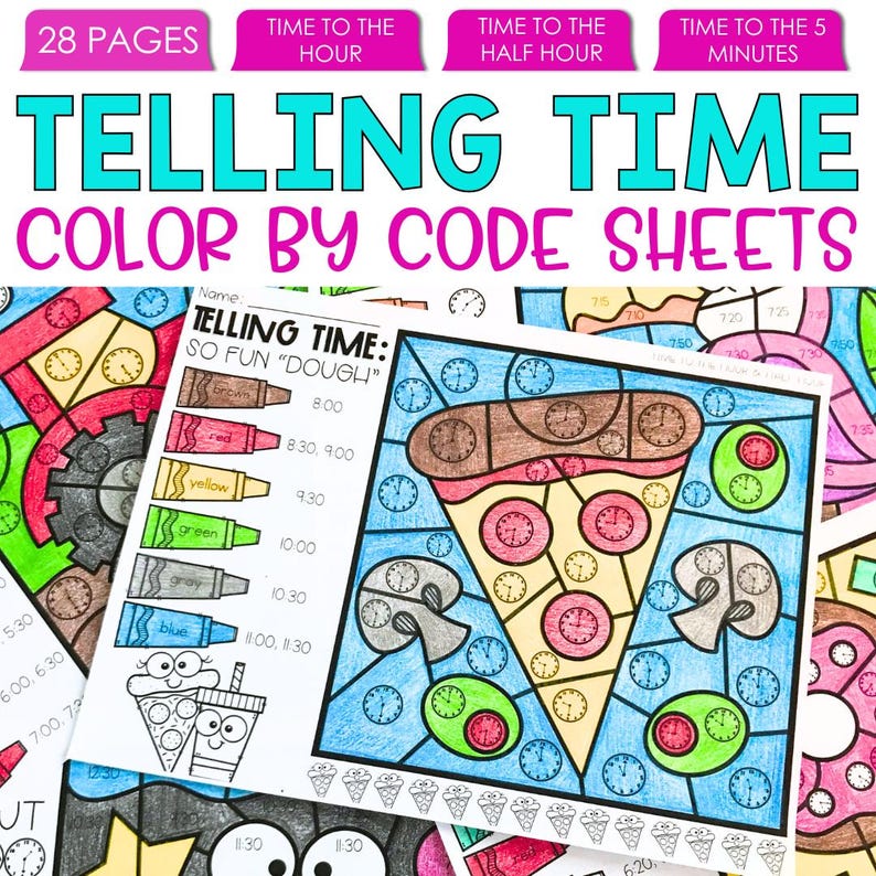 Telling Time Color by Number Worksheets, Math Coloring Pages, Color by ...