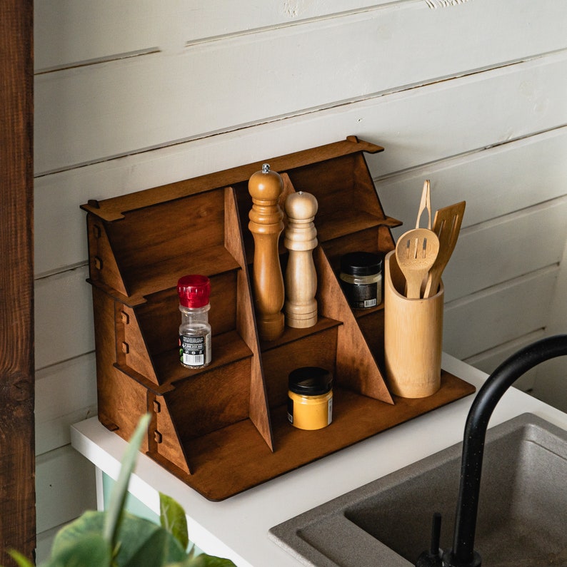 Wooden Spice Shelf, Wooden Spice Rack, Spice Jar Rack, Tiered Spice ...