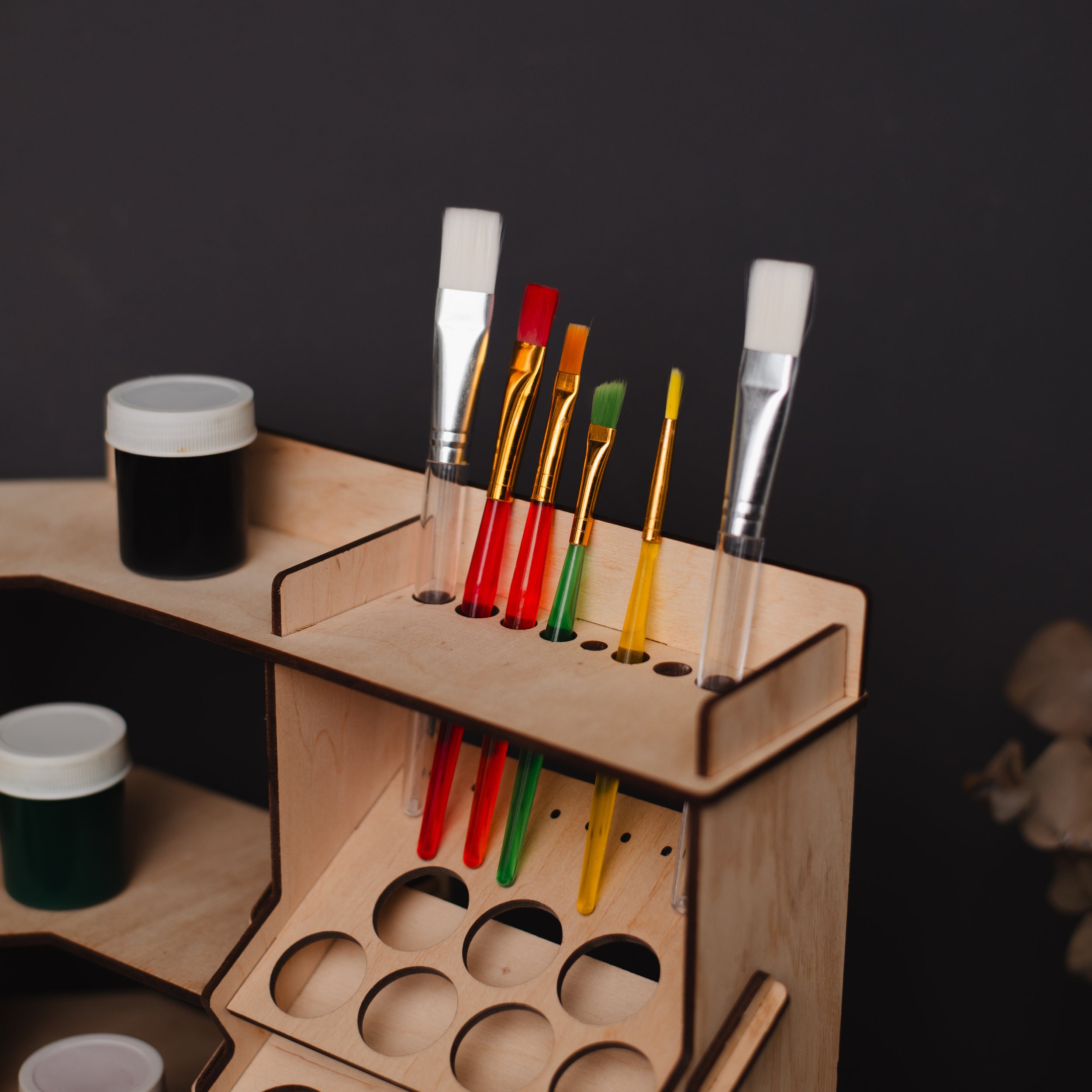 Corner Paint Organizer, Paint Jar Holder, Wooden Paint Brush Holder ...