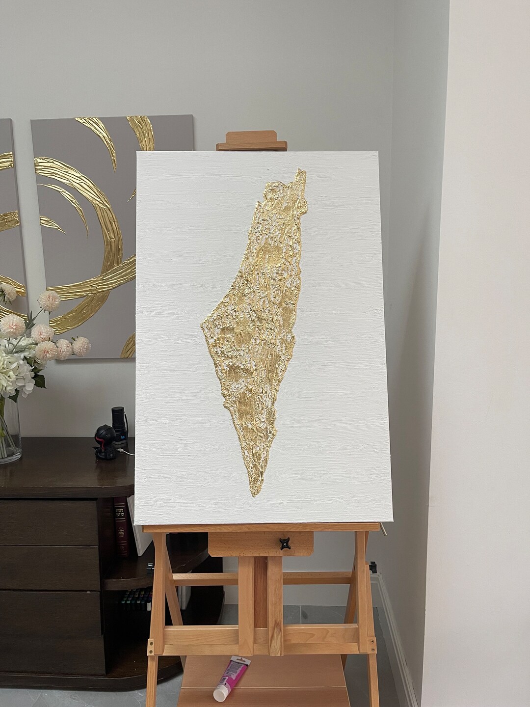 Golden Israel Textured Pinting. Israel Map, Jerusalem, Holy Land. White ...