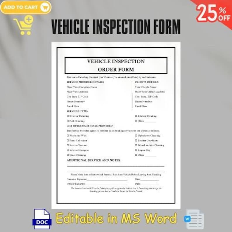Vehicle Inspection Order Form, Vehicle Detailing Contract, Car ...