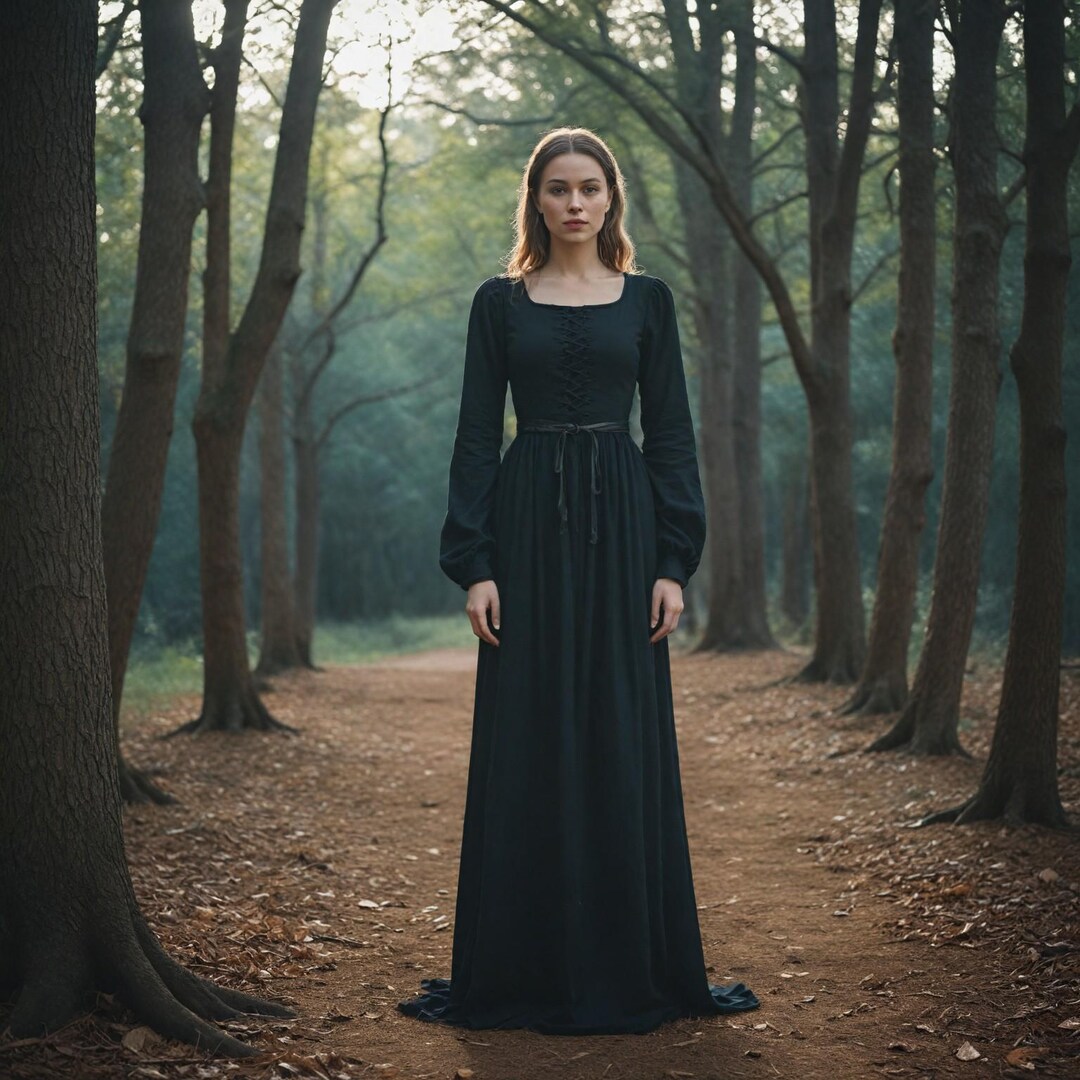 Elegant Black Gothic Medieval Dress Forest Witch Long Gown Renaissance ...