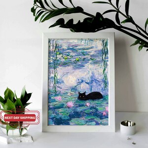 Monet Waterlily Cat Print, Cat Art, Claude Monet Cat Poster, Black Cat ...