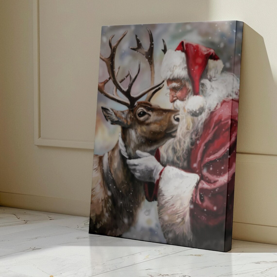 Santa Claus and Reindeer Canvas Print, Christmas Wall Art, Santa Claus ...