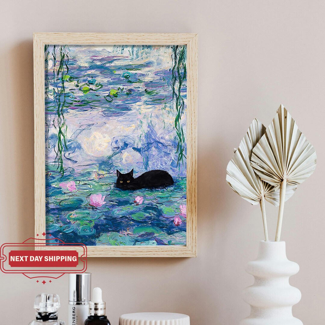 Monet Waterlily Cat Print, Cat Art, Claude Monet Cat Poster, Black Cat ...