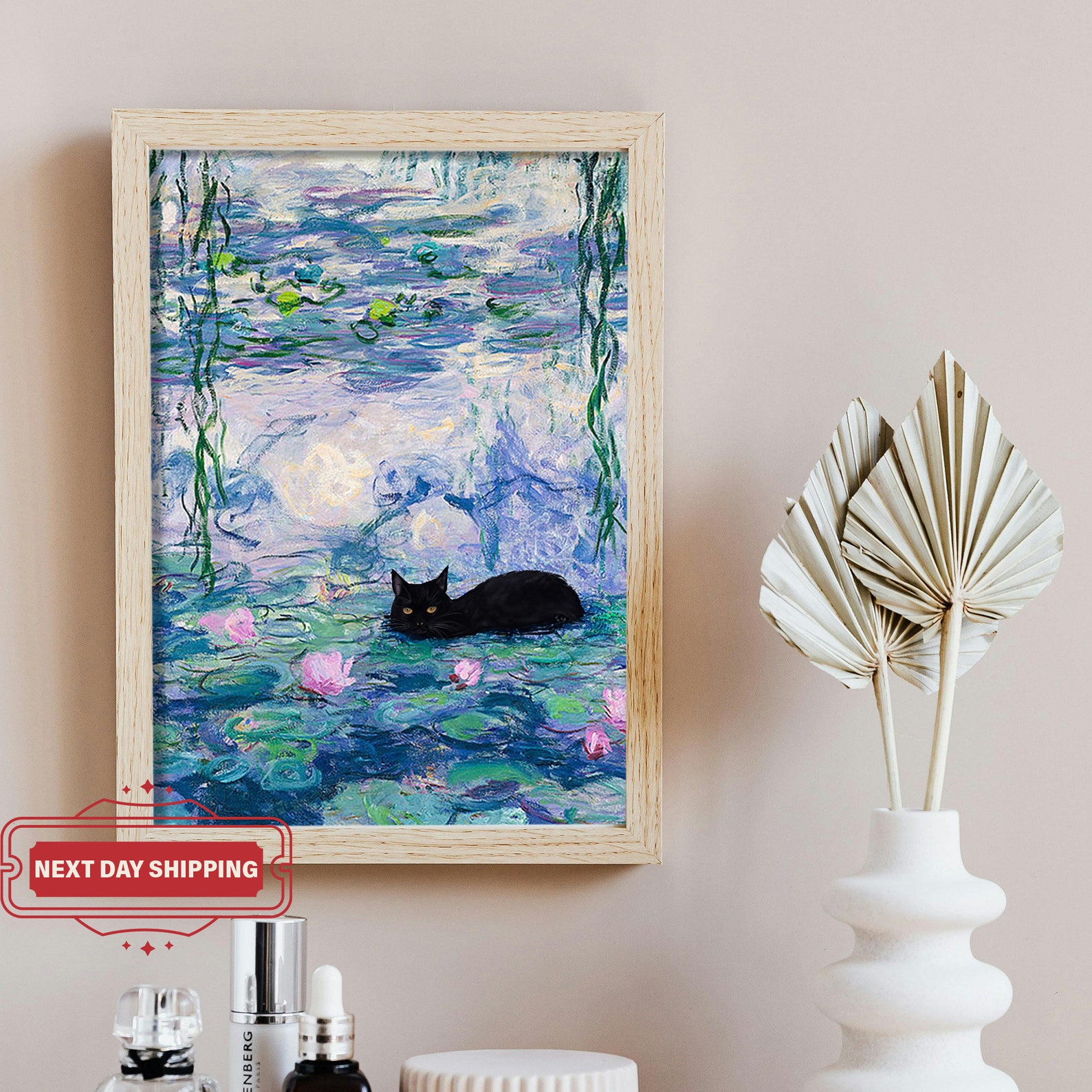 Monet Waterlily Cat Print, Cat Art, Claude Monet Cat Poster, Black Cat ...