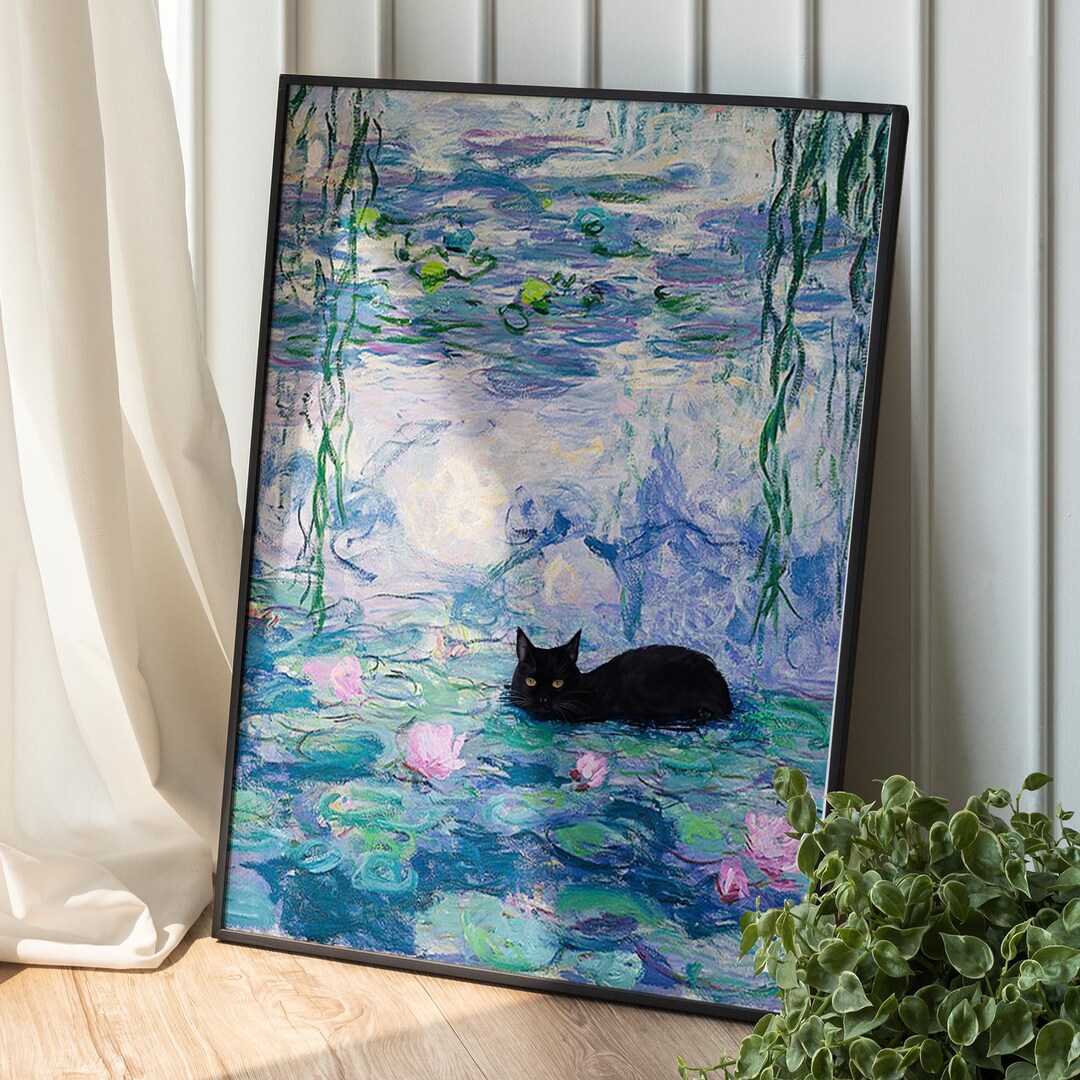 Monet Waterlily Cat Print, Cat Art, Claude Monet Cat Poster, Black Cat ...