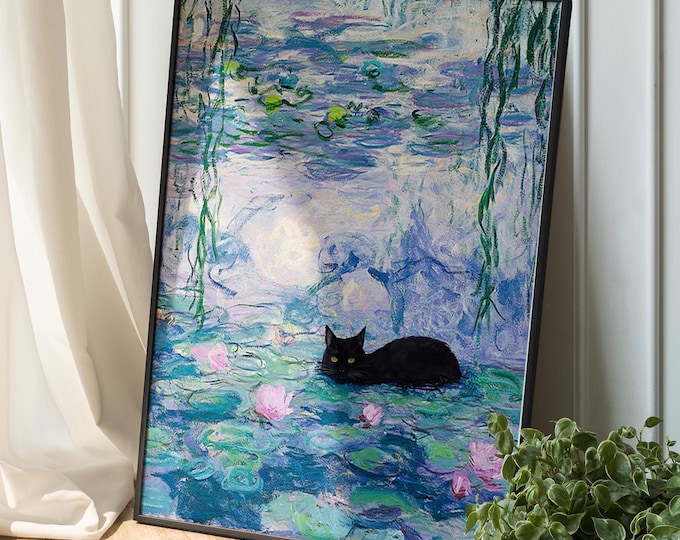 Monet Garden Cat Print, Claude Monet Flowers Cat Poster, Cat Art ...