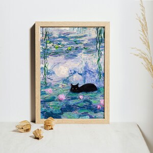 Monet Waterlily Cat Print, Cat Art, Claude Monet Cat Poster, Black Cat ...