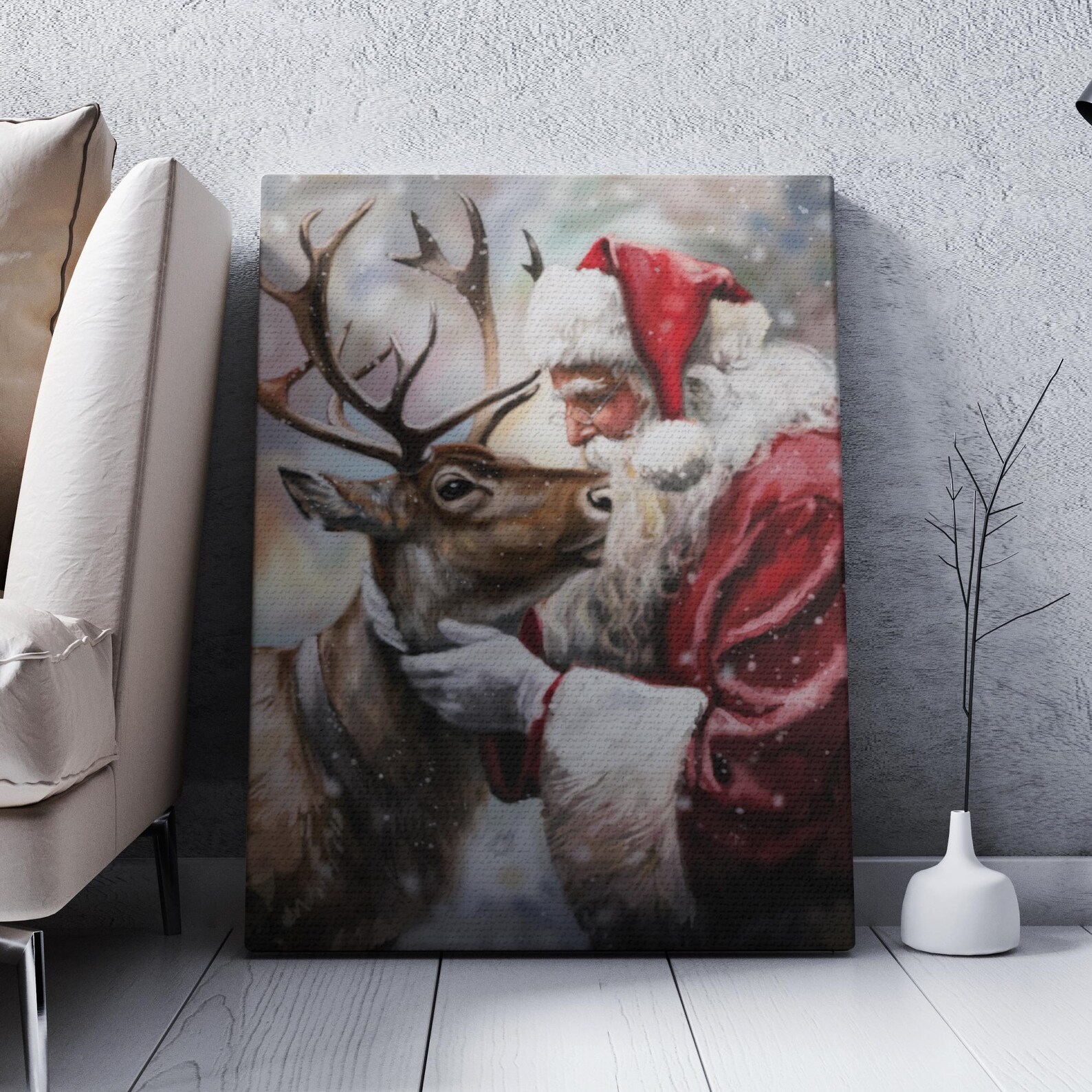 Santa Claus and Reindeer Canvas Print, Christmas Wall Art, Santa Claus ...