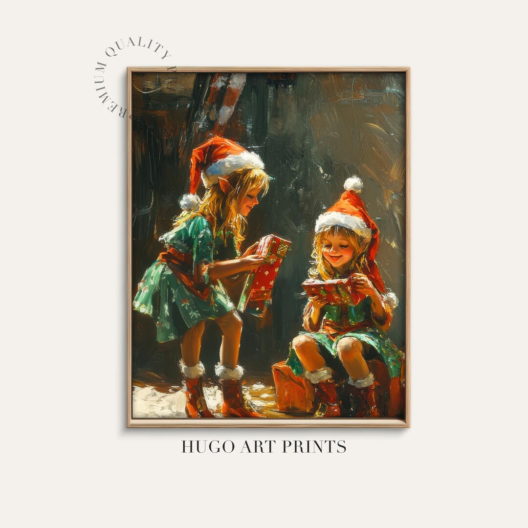 Christmas Elf Wall Art, Printable Holiday Decor, Vintage Santa Painting ...