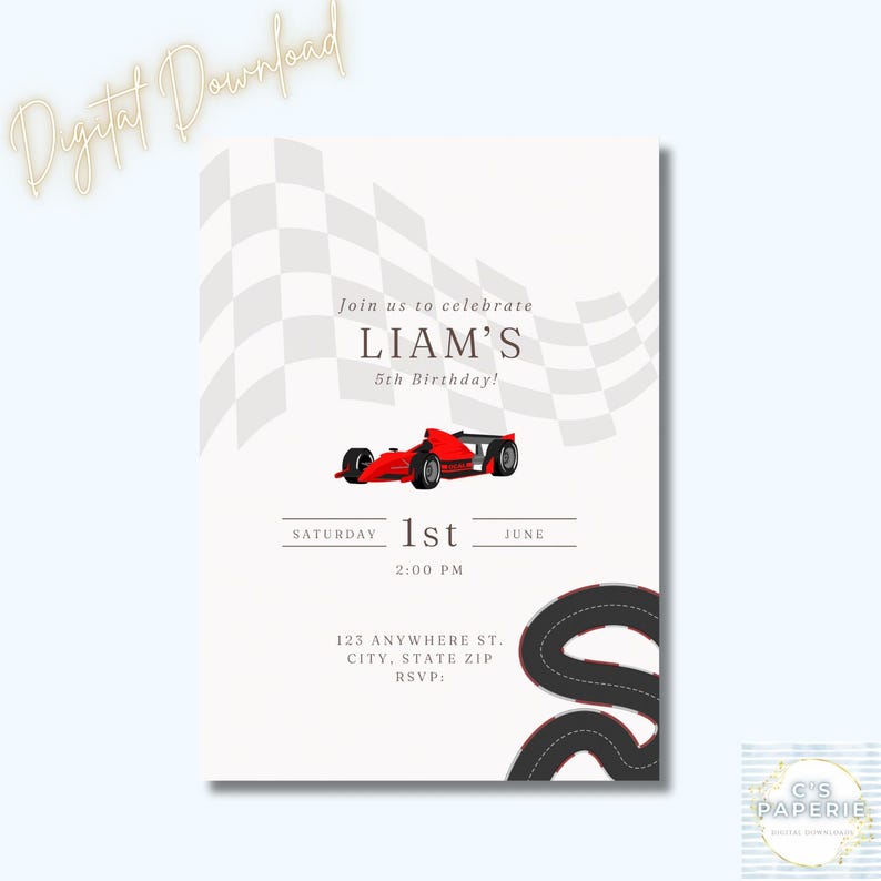 Race Car Birthday Invitation | 5x7 Digital Download | Personalizable ...