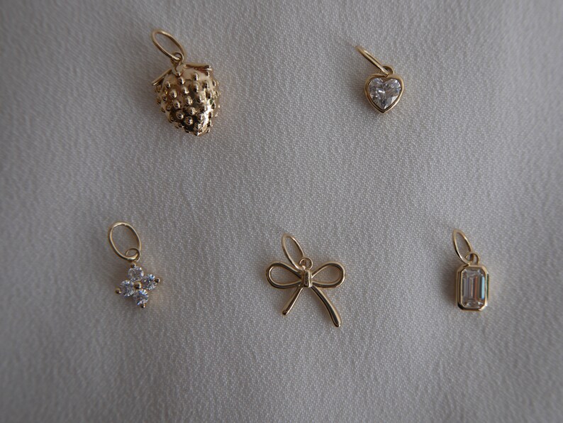 Solid 14k Gold Charms- Strawberry, Heart, Flower, Bow, Emerald Cut ...