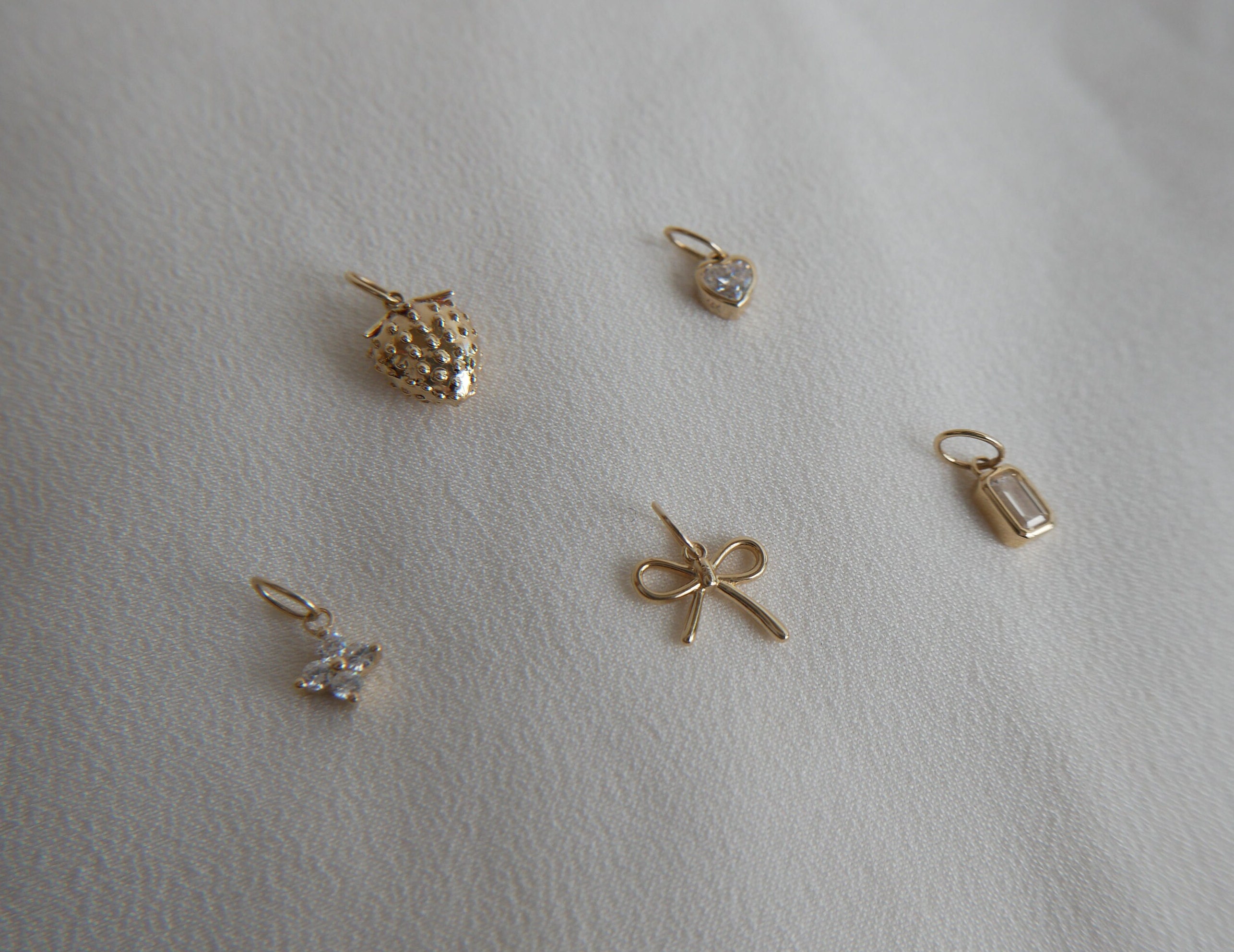Solid 14k Gold Charms- Strawberry, Heart, Flower, Bow, Emerald Cut ...