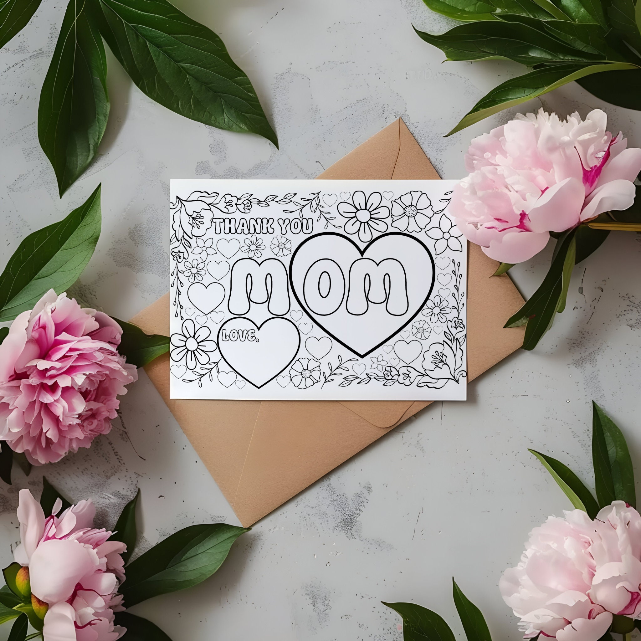 Thank You Mom Mother's Day Printable PDF PNG File Coloring Page Hearts ...