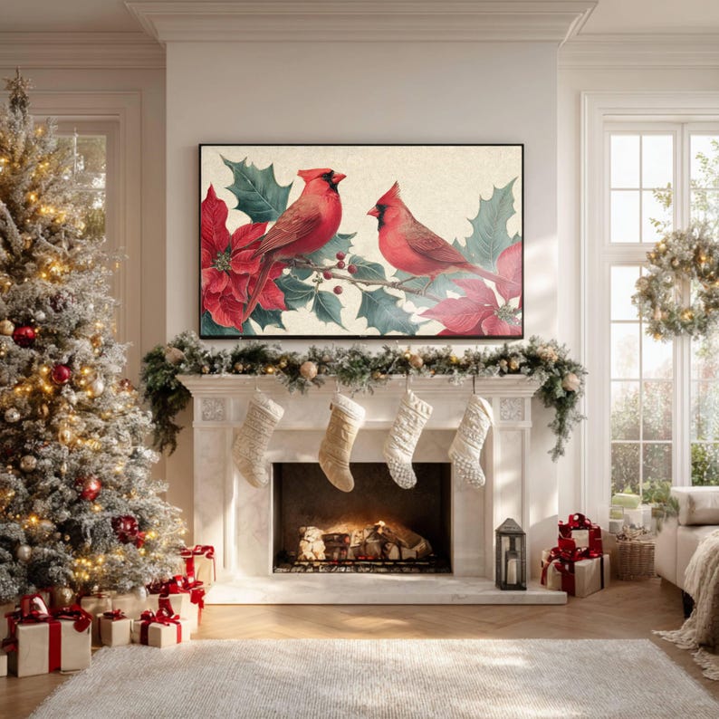 Cardinal Red Poinsettia Frame TV Art, Holiday Winter Painting (digital ...