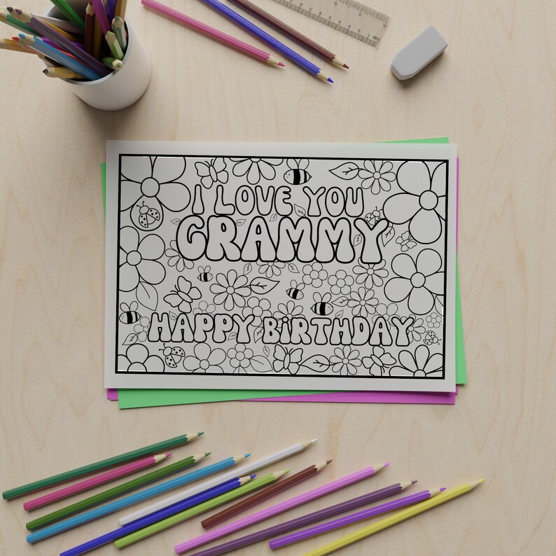 Grammy Birthday Printable Coloring Page With Flowers Bubble Letters ...