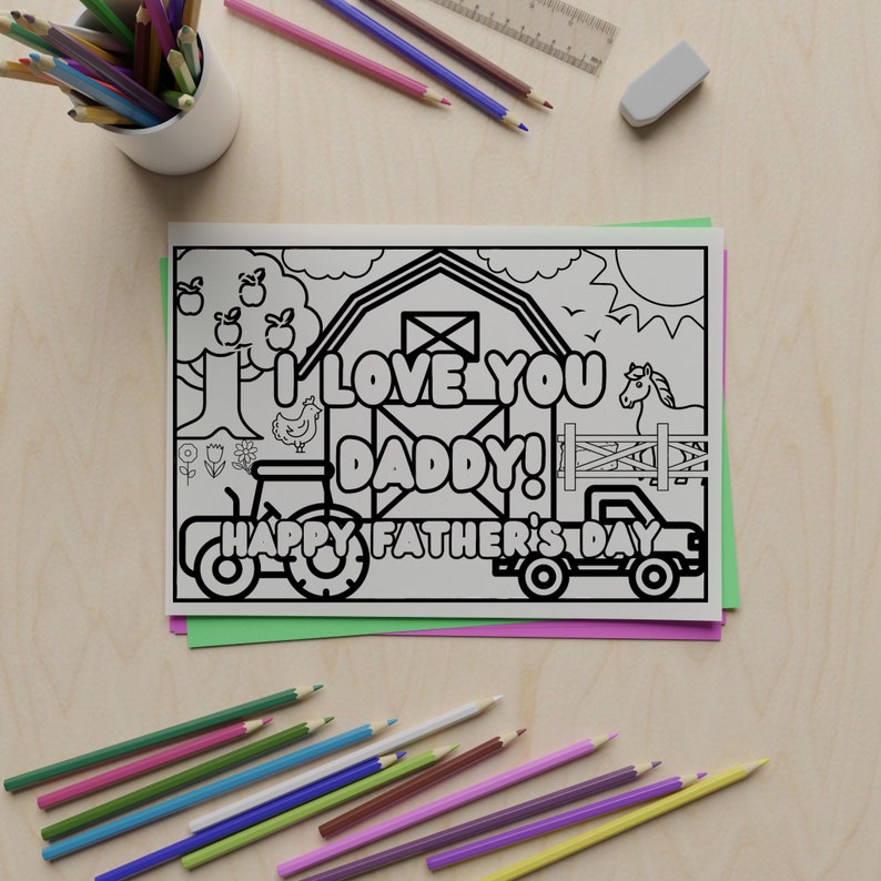 Father's Day Printable Coloring Page Farm Barn Tractor Animals Bubble ...