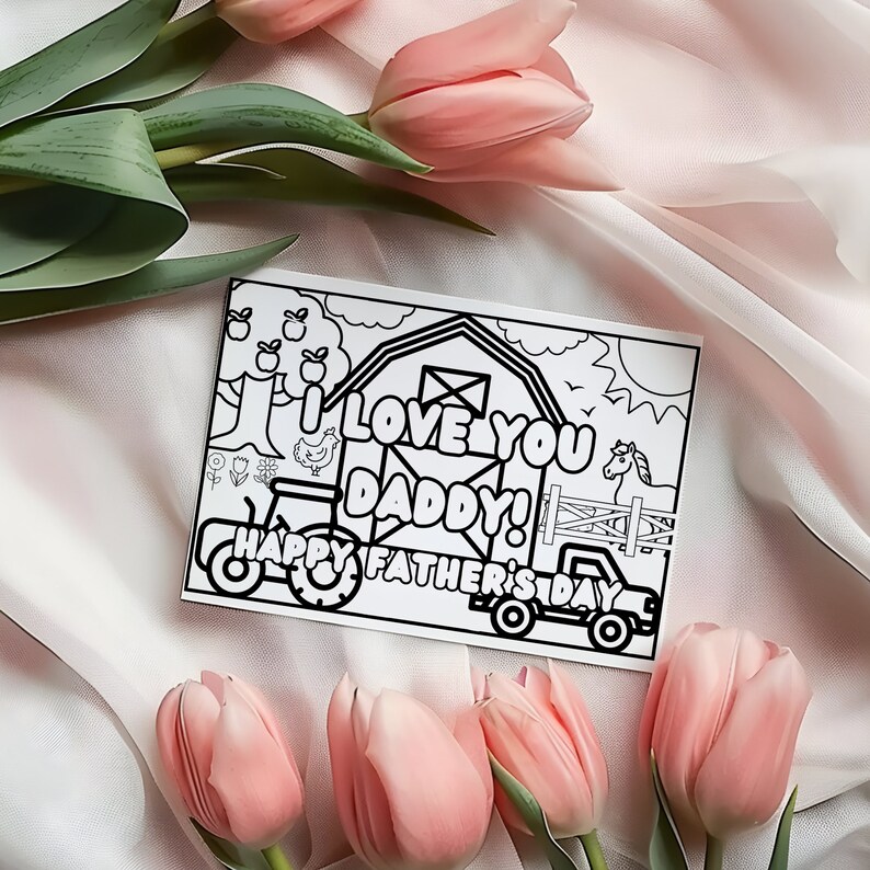 Father's Day Printable Coloring Page Farm Barn Tractor Animals Bubble ...