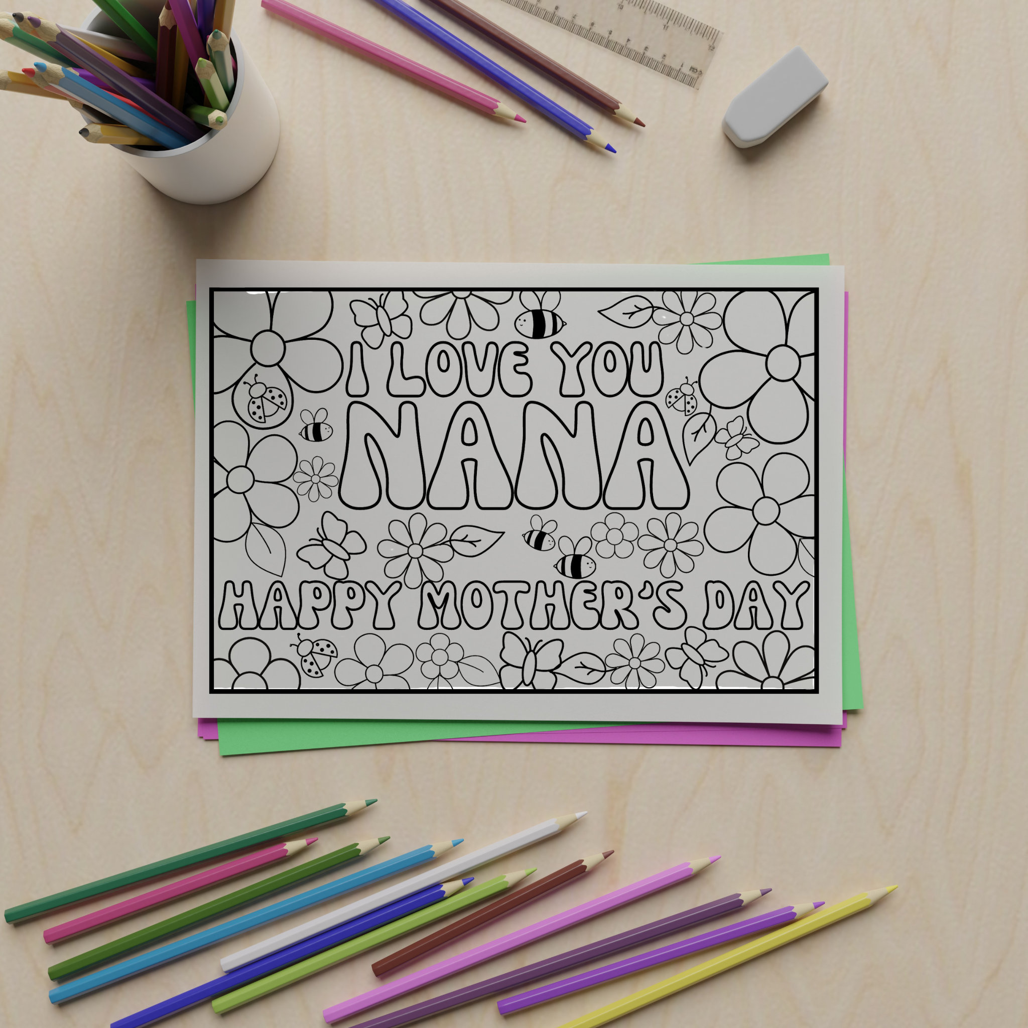 Nana Mother's Day Printable Coloring Page With Flowers Bubble Letters ...