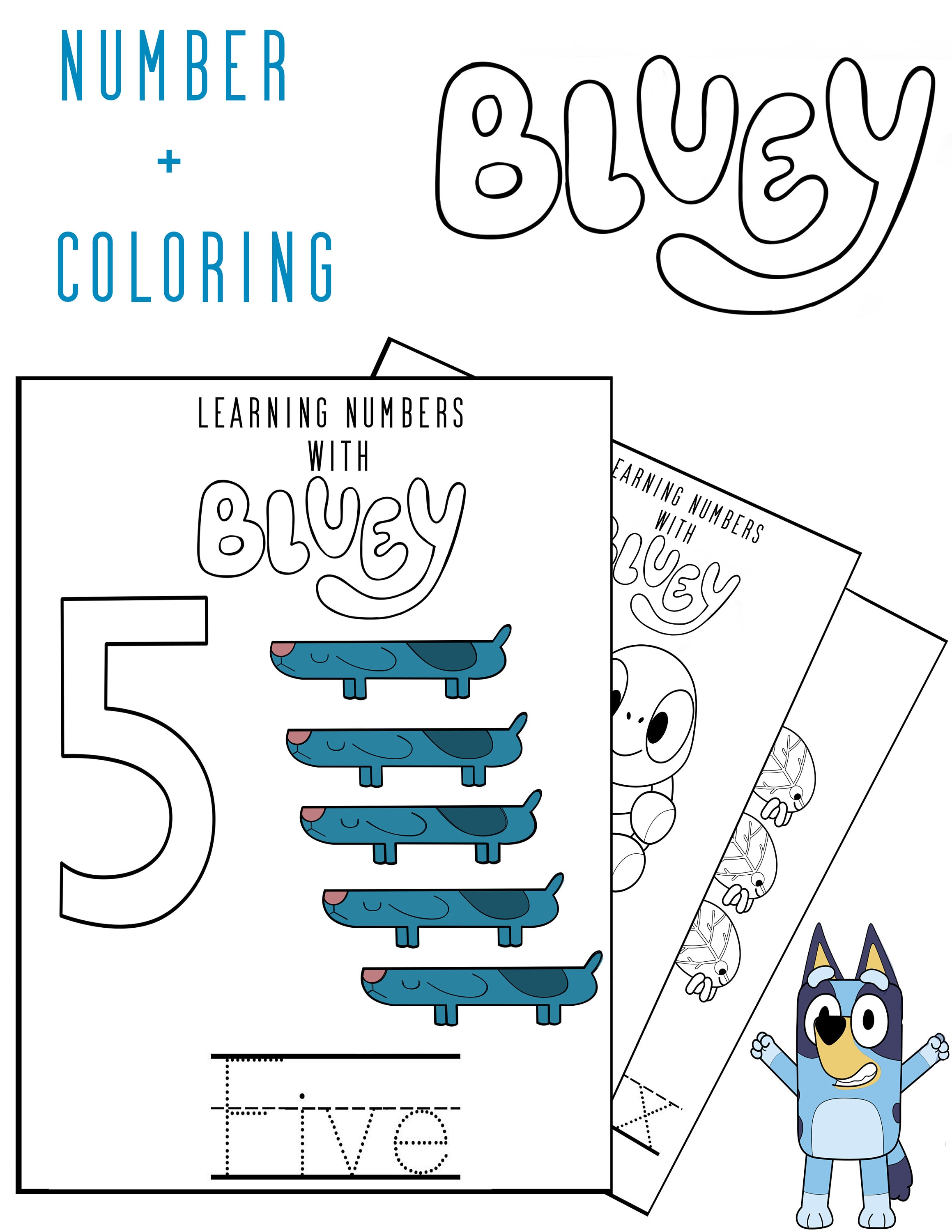 Bluey Children Learning Number & Coloring Worksheets - Etsy