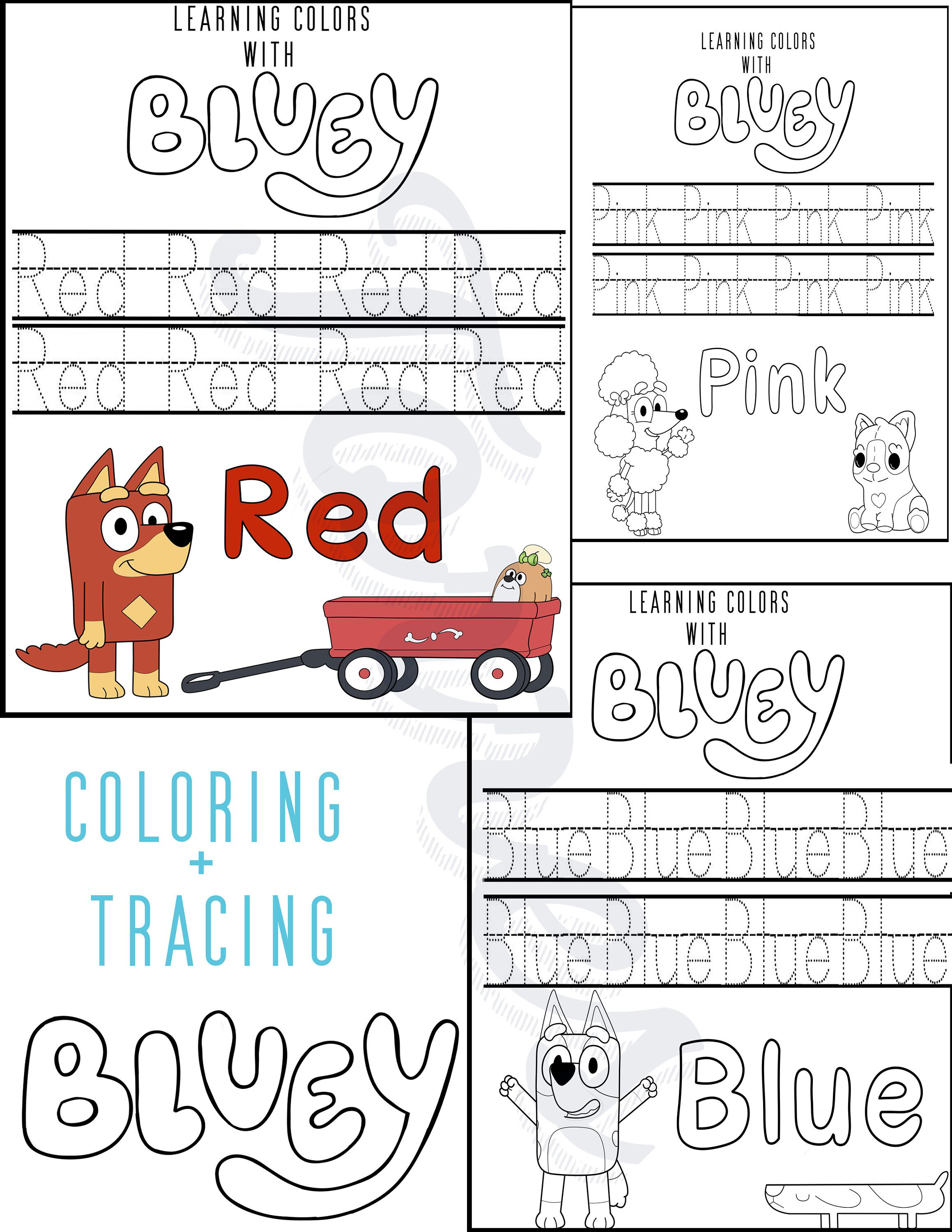 Bluey Children Color & Tracing Learning Worksheets - Etsy