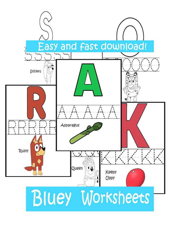 Bluey Children Alphabet Tracing/coloring Worksheet Digital Printing - Etsy