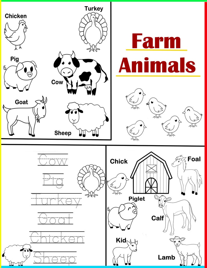 Farm Animals Coloring and Tracing Worksheets for Children's Learning ...
