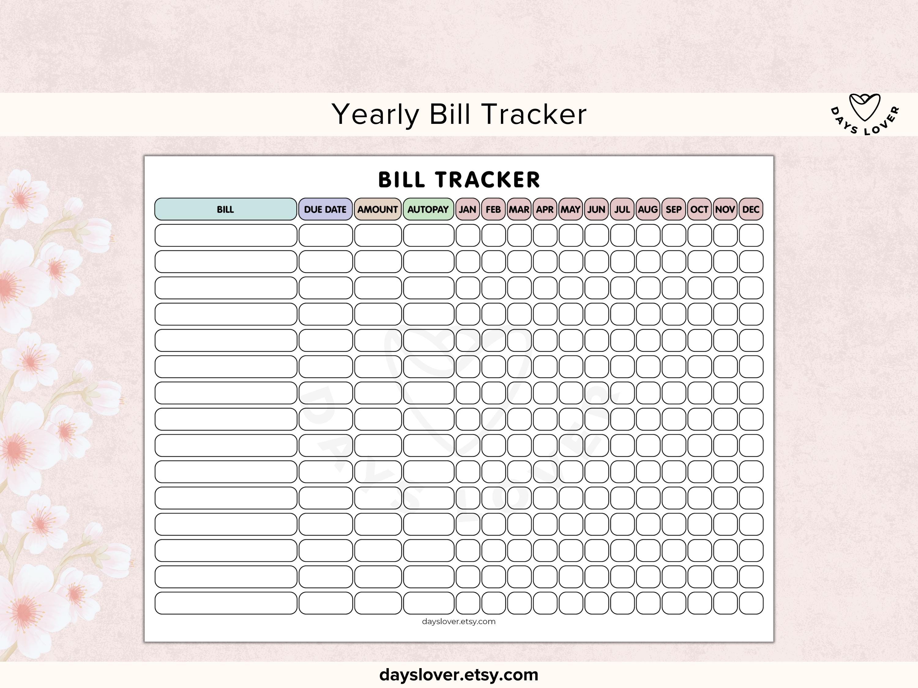 Yearly Bill Payment Tracker Printable Financial Planner Expense ...