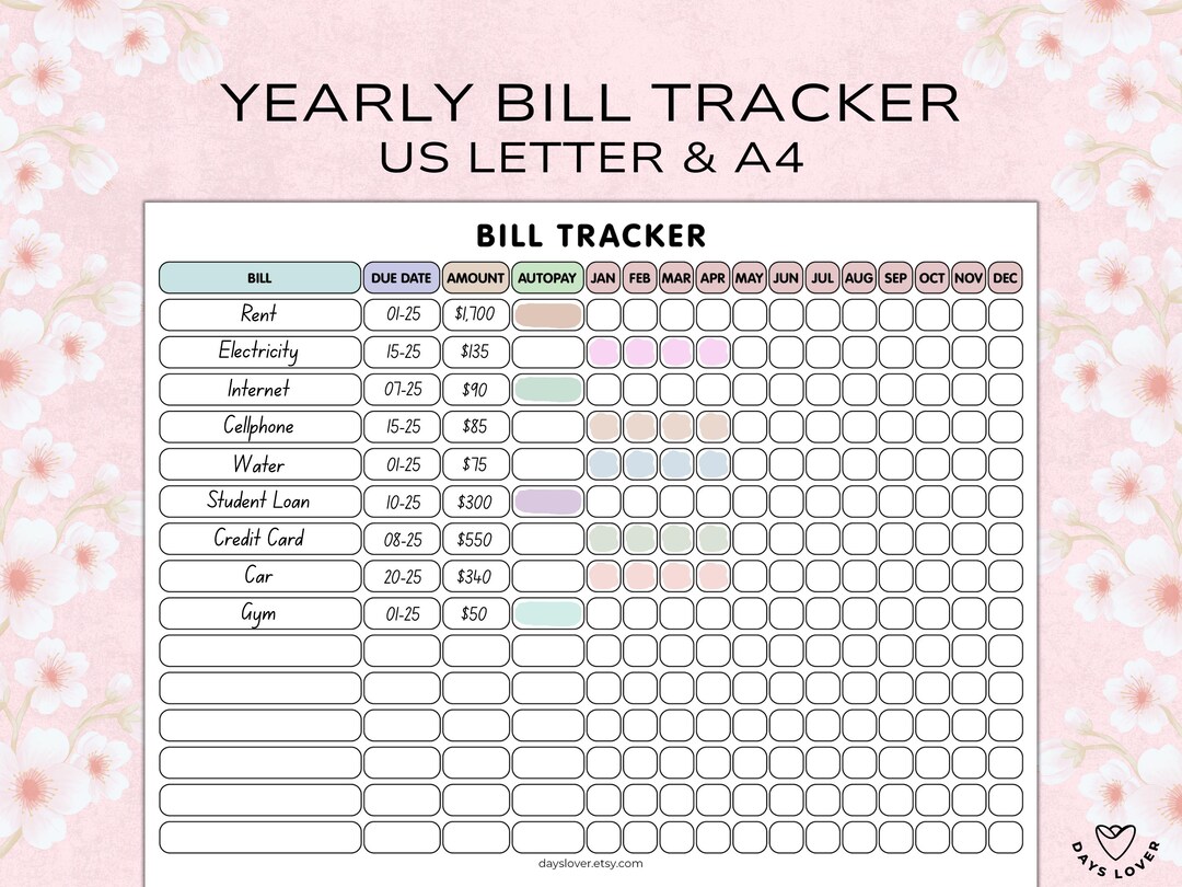Yearly Bill Payment Tracker Printable Financial Planner Expense ...