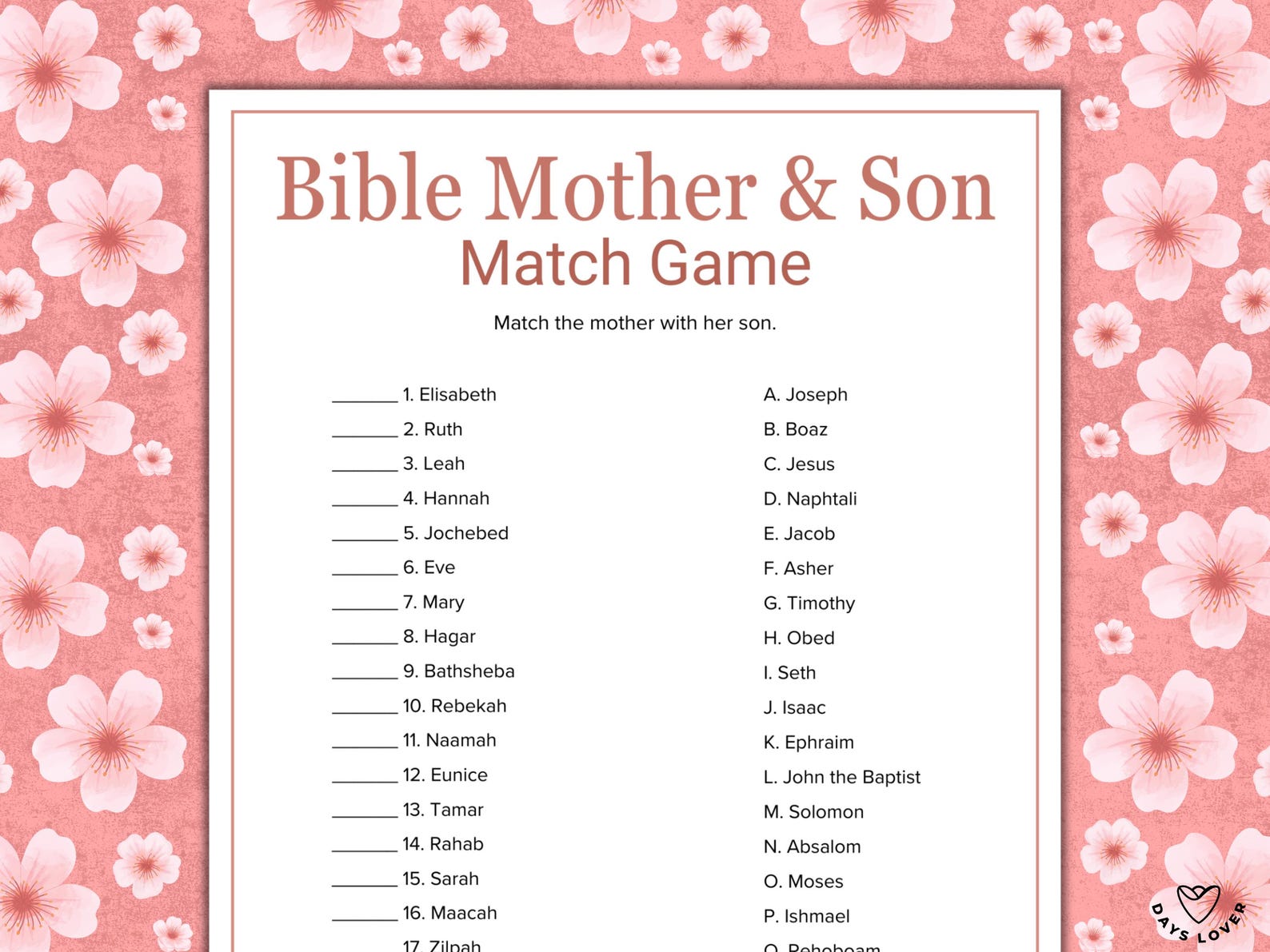 Bible Mothers Day Game Printable Women Ministry Game Mother and Son ...