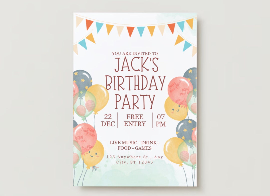Editable Childrens Balloon Party Birthday Invitation Template | Instant ...