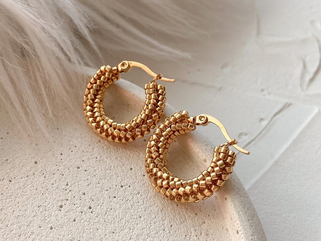 Small Twisted Gold Seed Bead Hoop Earrings Mini Beaded Boho Huggie ...