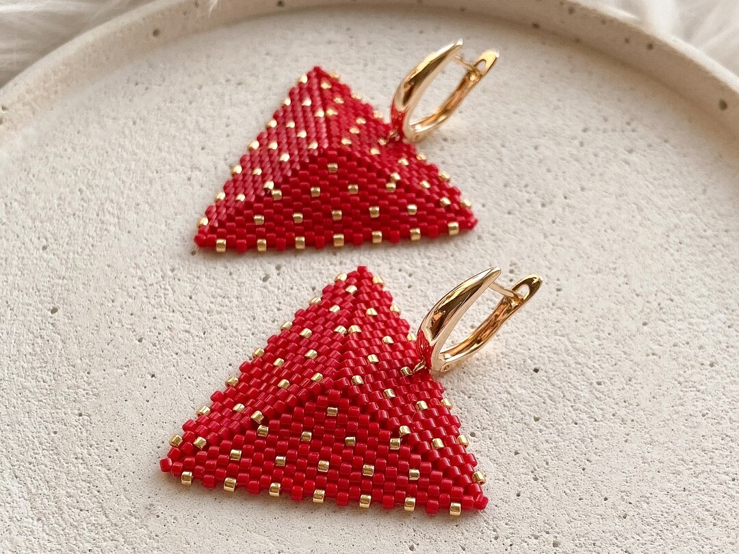 Strawberry Seed Bead Triangle Earrings Red and Gold Beaded Dangle Drop ...
