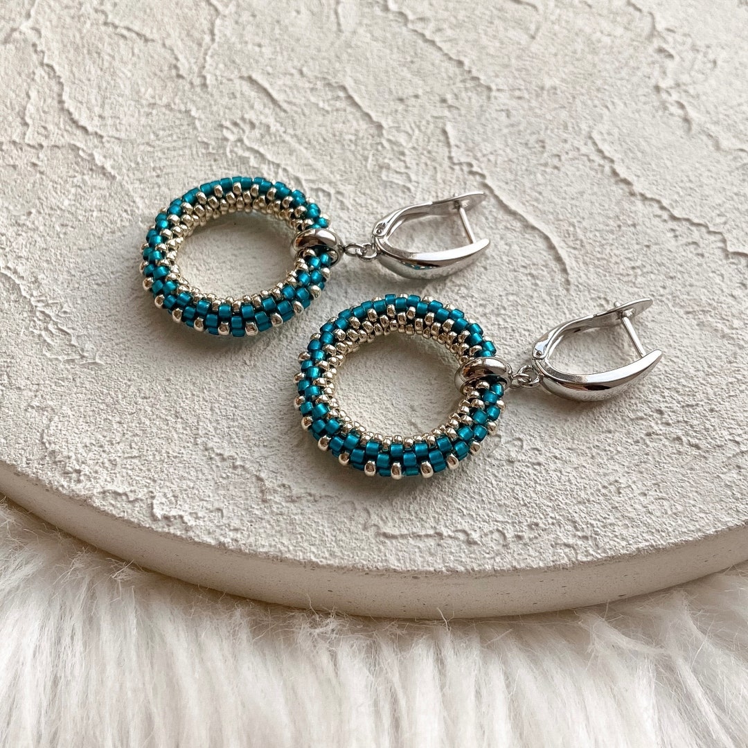 Aqua Seed Bead Dangle Earrings Dangle Silver Round Beaded Earrings ...
