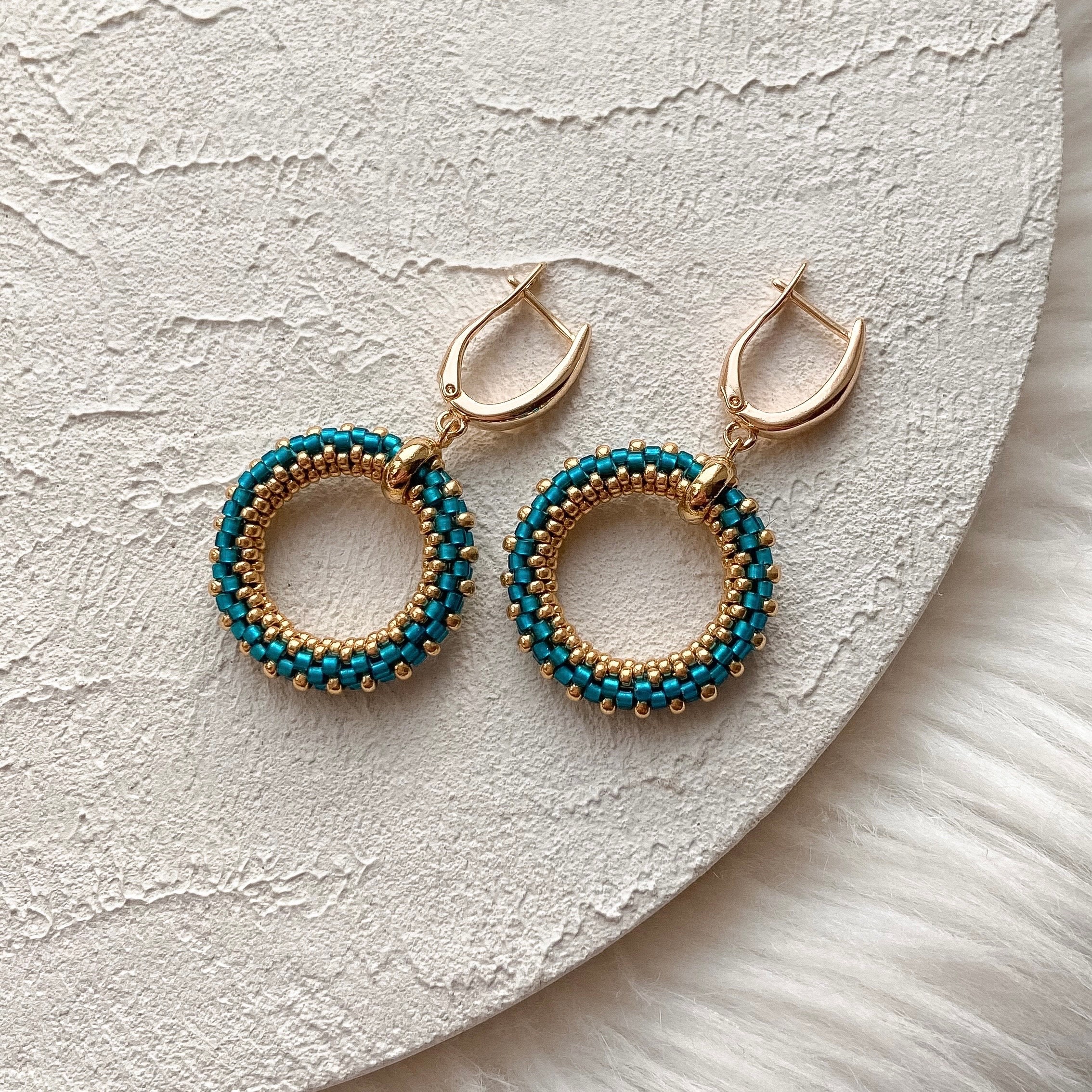 Aqua & Gold Seed Bead Dangle Drop Earrings as Christmas Gift for Best ...