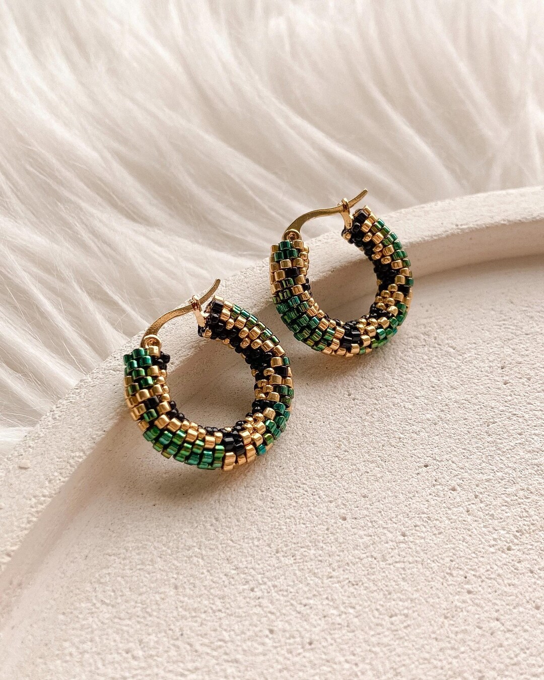 Halloween Snake Print Seed Bead Hoop Earrings Gold Black Emerald Green ...