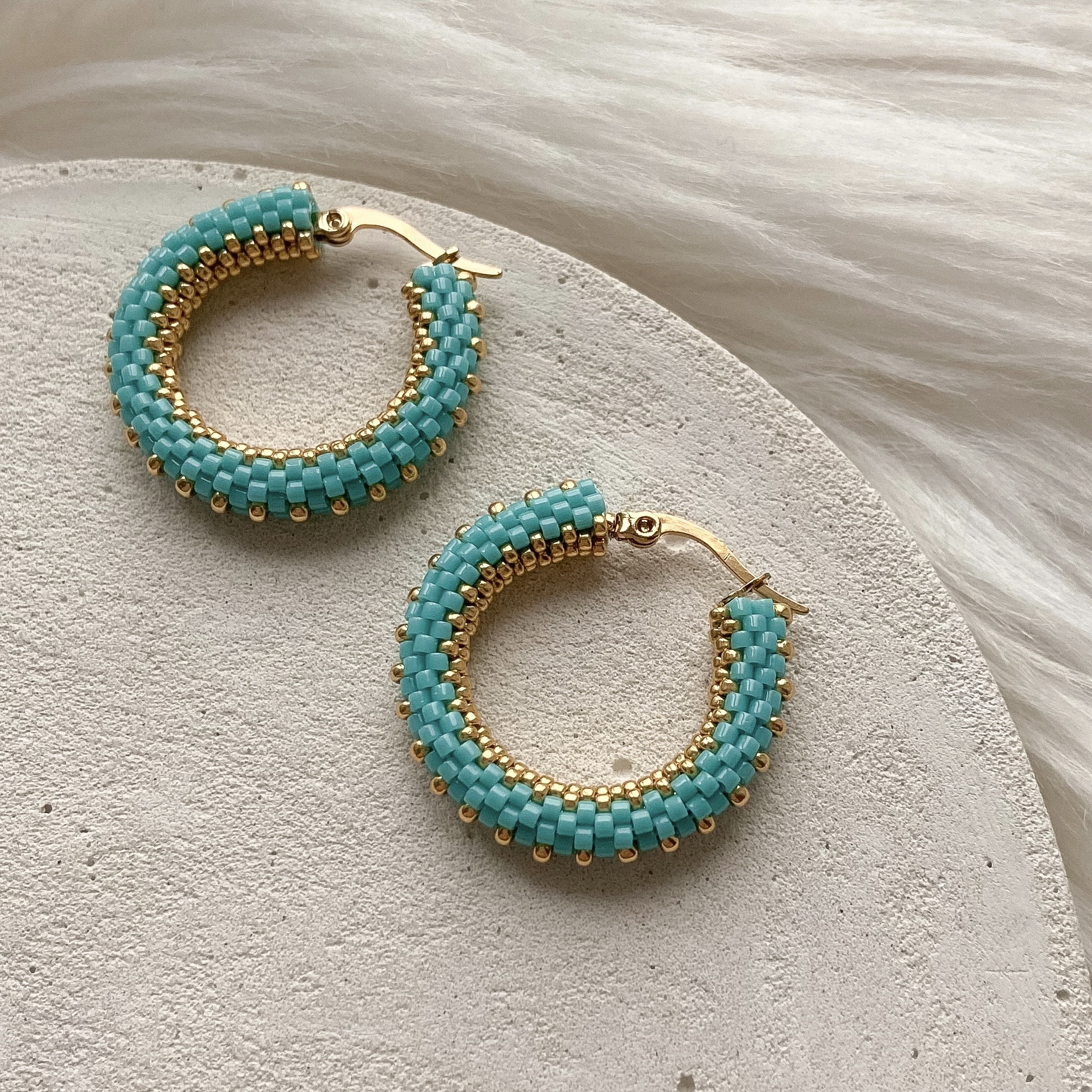 Turquoise Beaded Hoop Earrings Gold Seed Bead Hoop Earrings Ready to ...