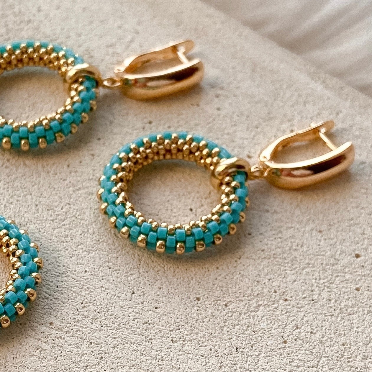 Turquoise Seed Bead Dangle Earrings Dangle Gold Round Beaded Earrings ...