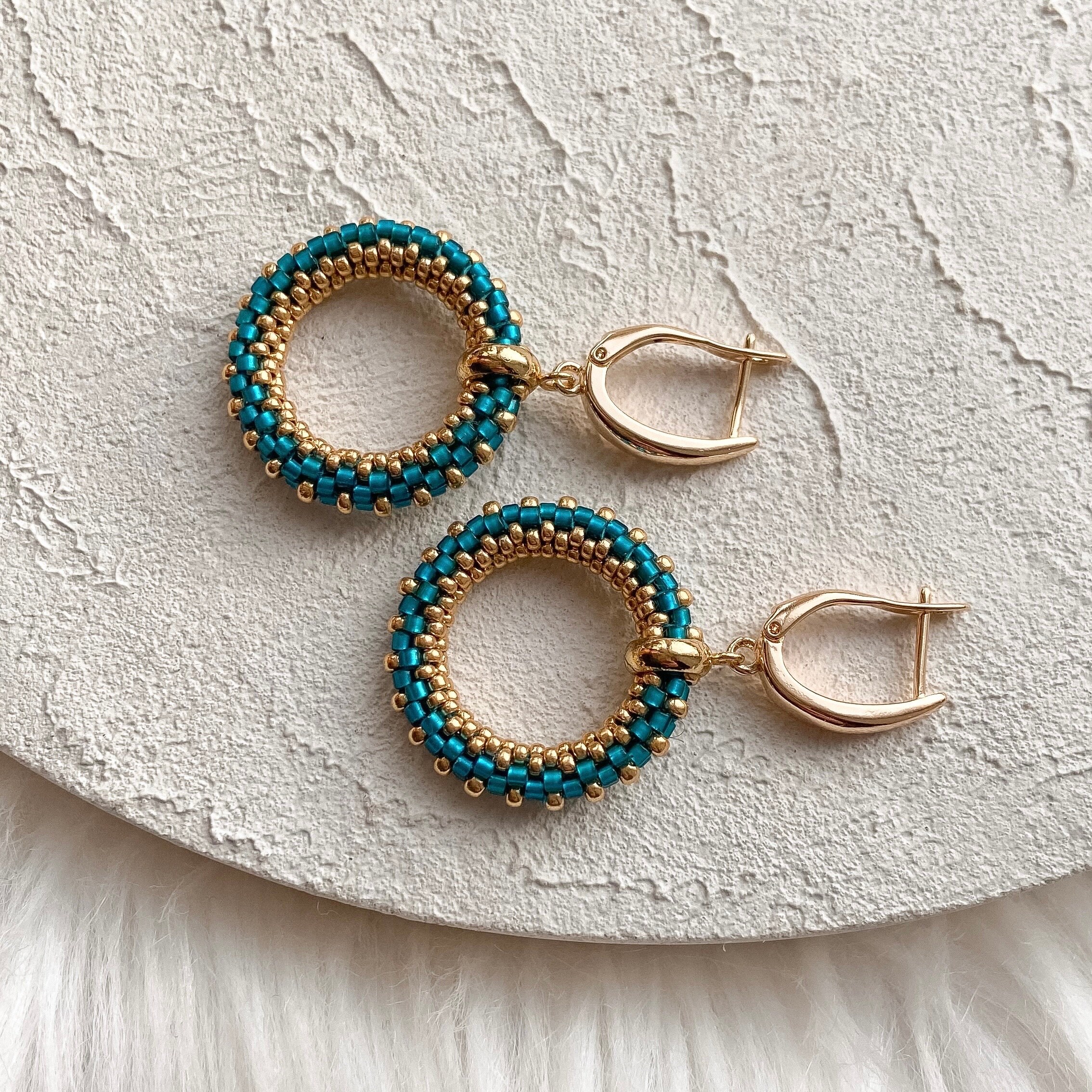 Aqua & Gold Seed Bead Dangle Drop Earrings as Christmas Gift for Best ...