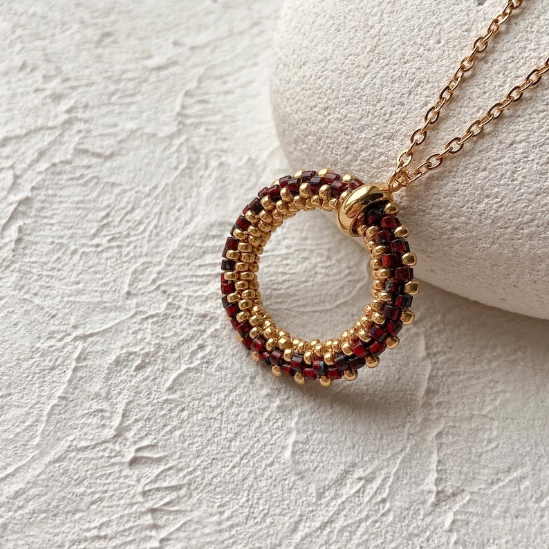Dark Red and Black Seed Bead Necklace Pendant Gold Halloween Beaded ...