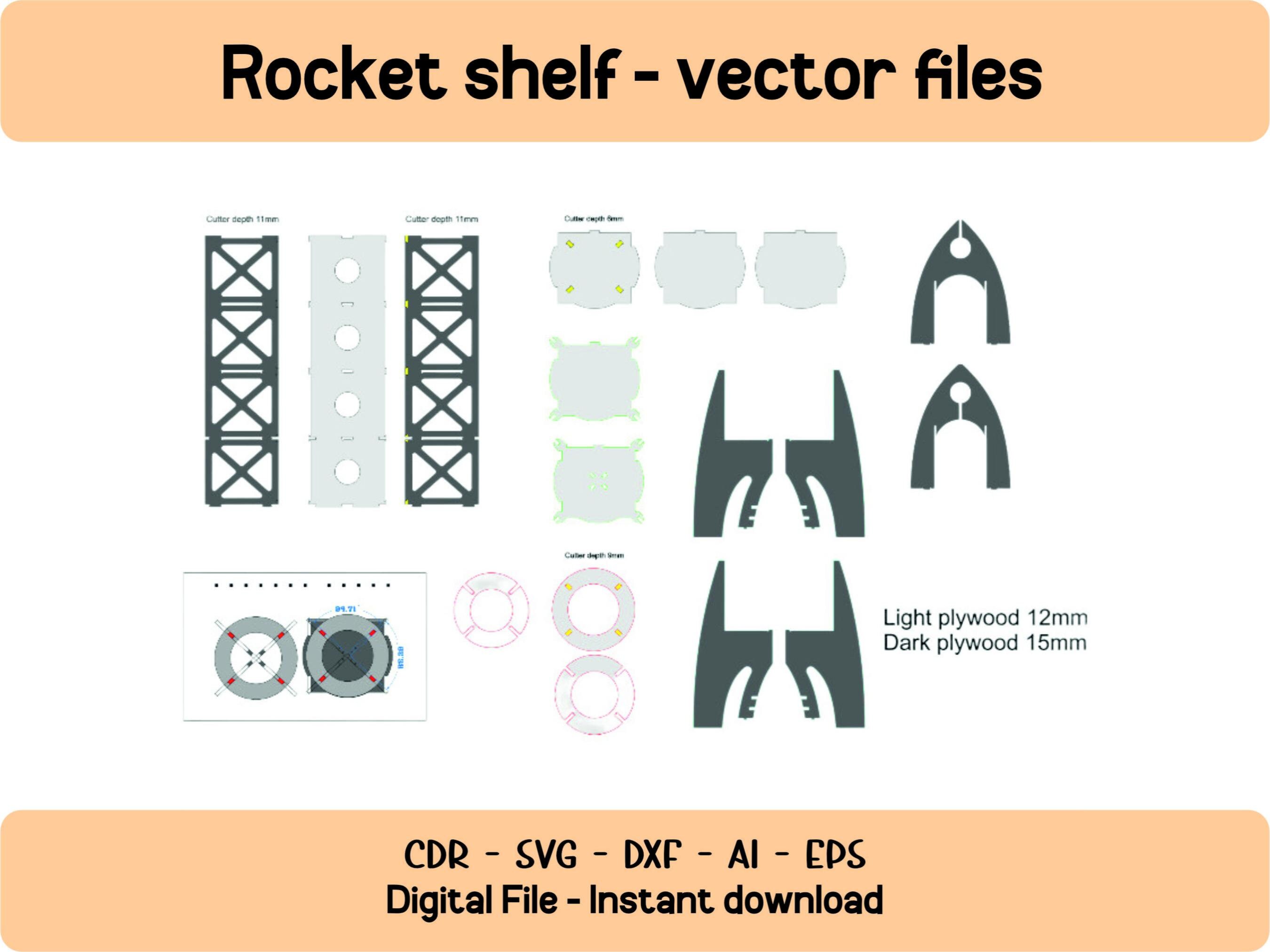 Wooden 3d Rocket Shelf DXF Template, Rocket Books Stand SVG, Rocket ...