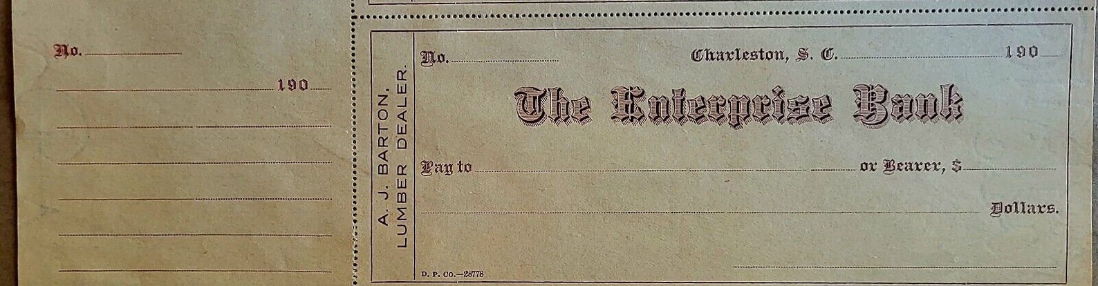 Bank Checks - the Enterprise Bank Charleston, SC Early 1900s Antique AJ ...