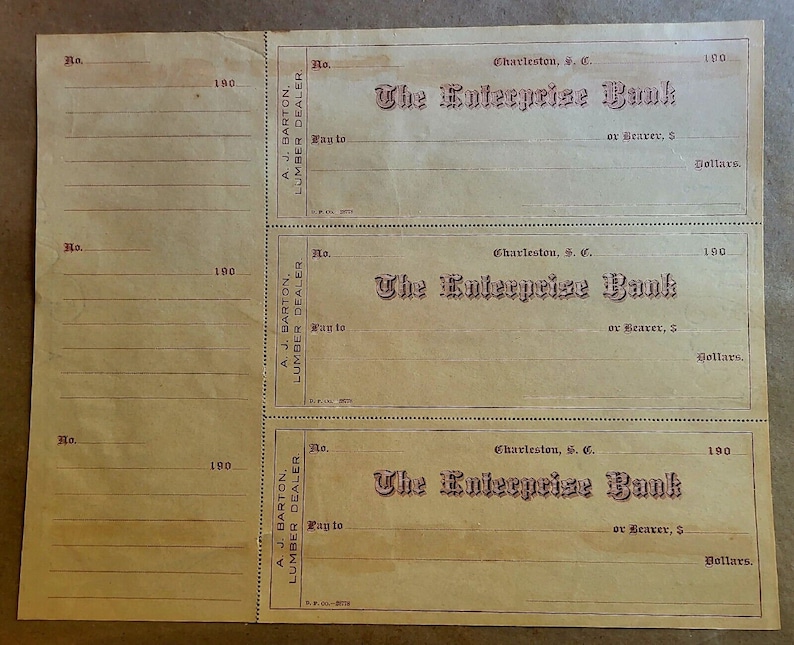 Bank Checks - the Enterprise Bank Charleston, SC Early 1900s Antique AJ ...