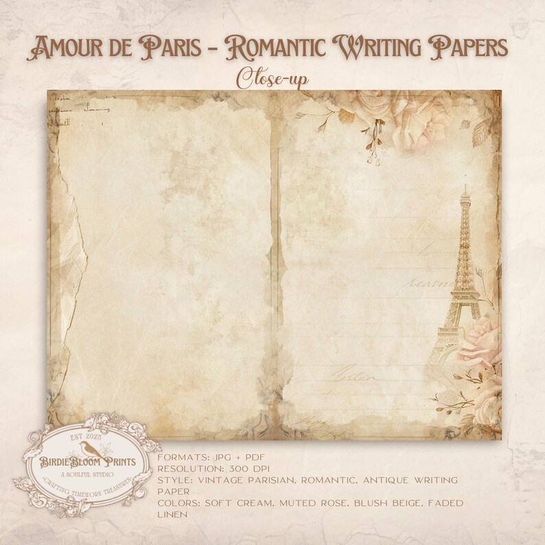 Paris Writing Paper: Vintage Love Letter Backgrounds (digital Download ...
