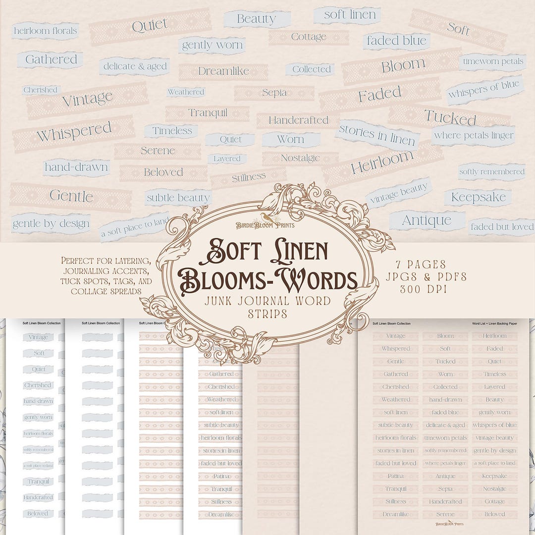 Soft Linen Blooms Collection: Words Strip | Junk Journal Text Labels ...