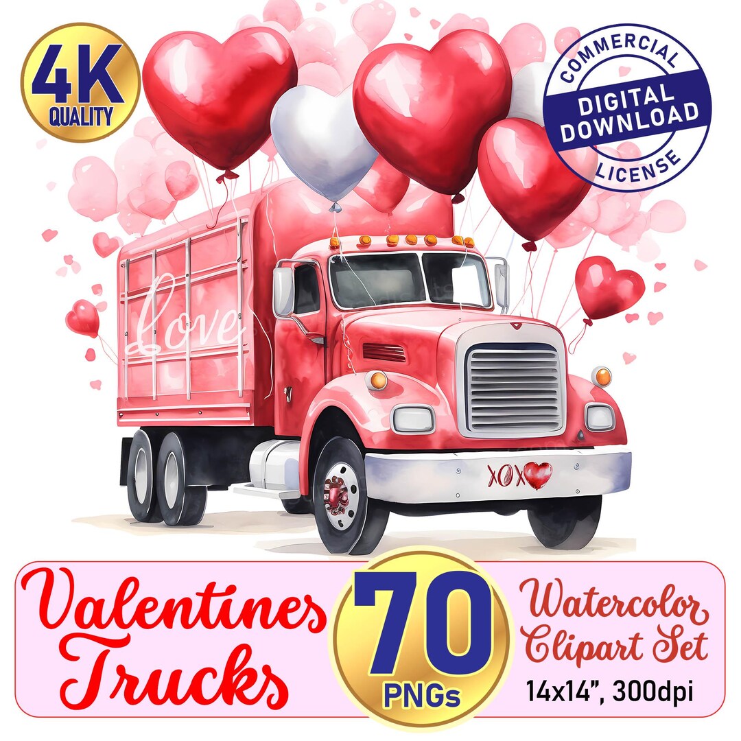 Watercolor Valentines Truck Clipart Bundle | 70 Transparent Pngs With ...